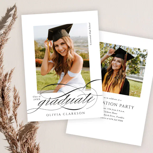 Modern Elegant Script Two Photo Graduation Party Invitation | Zazzle