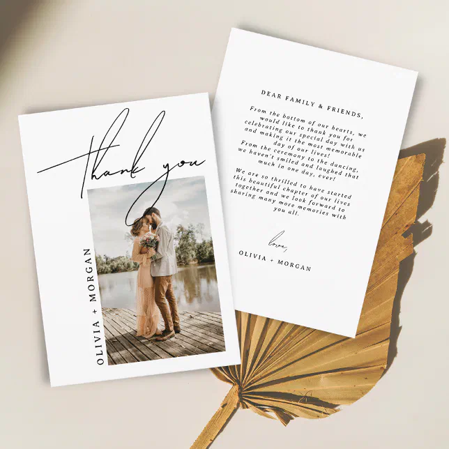 Modern Elegant Script Typography Photo Wedding Thank You Card | Zazzle