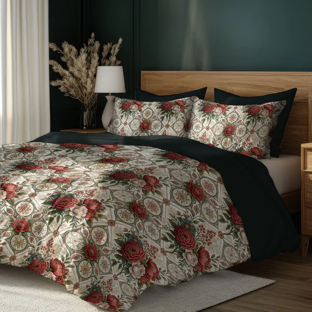 Modern Elegant Shabby Chic Red Roses Tile Motifs Duvet Cover | Zazzle