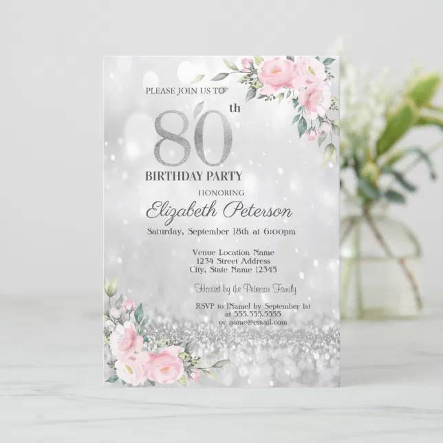 Modern Elegant Silver Bokeh Floral 80th Birthday Invitation | Zazzle