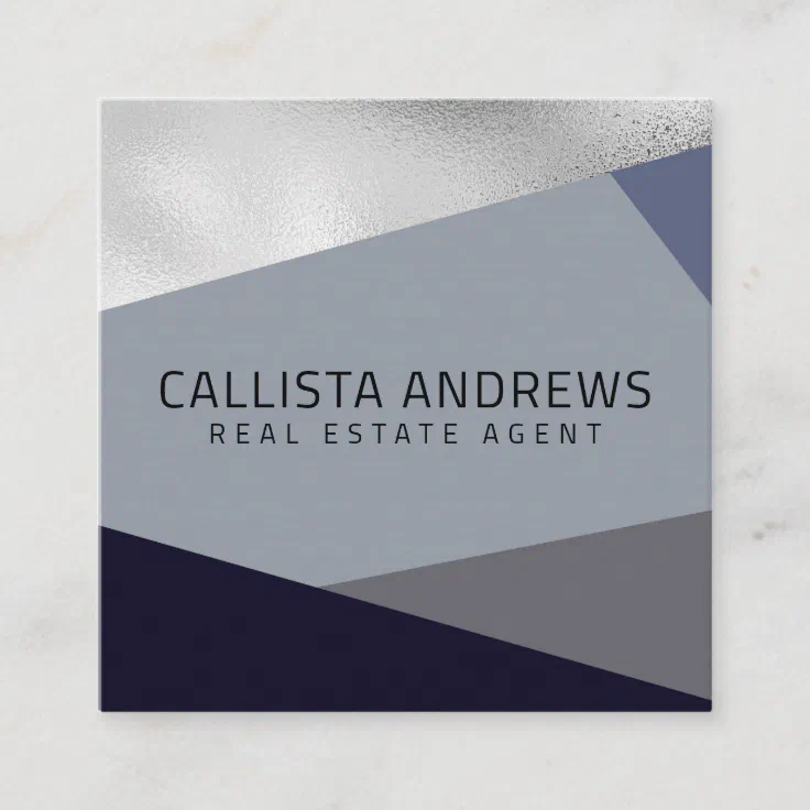 Modern Elegant Silver Dusty Navy Blue Geometric Square Business Card ...