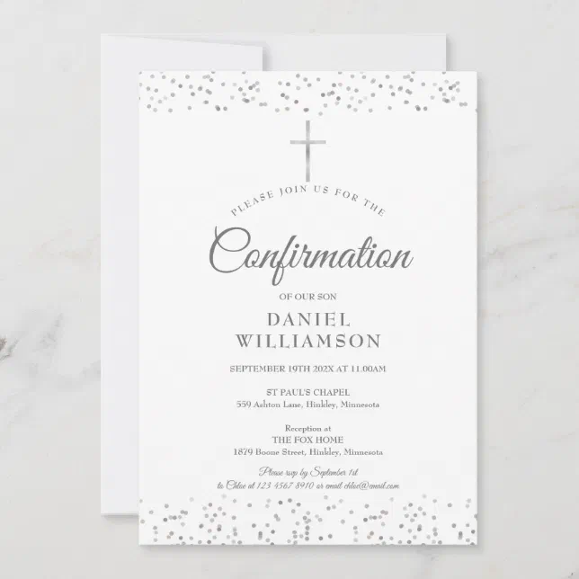 Modern Elegant Silver Stardust Confirmation Invitation | Zazzle