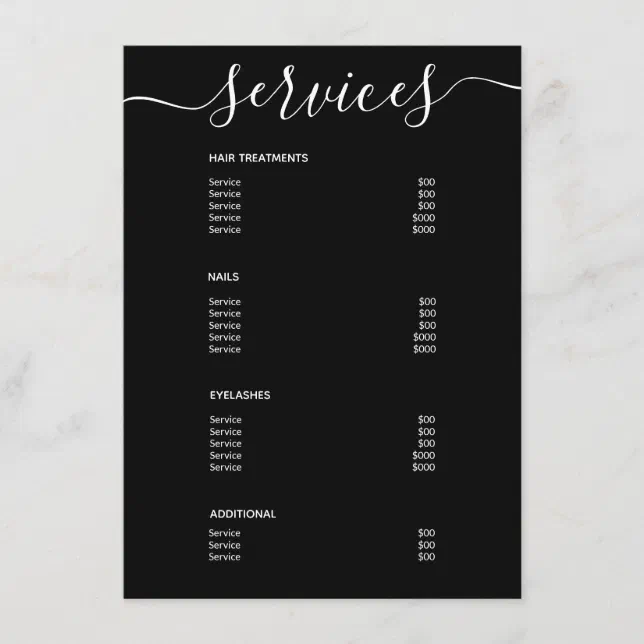 Modern Elegant Simple Black Spa Salon Service Menu | Zazzle