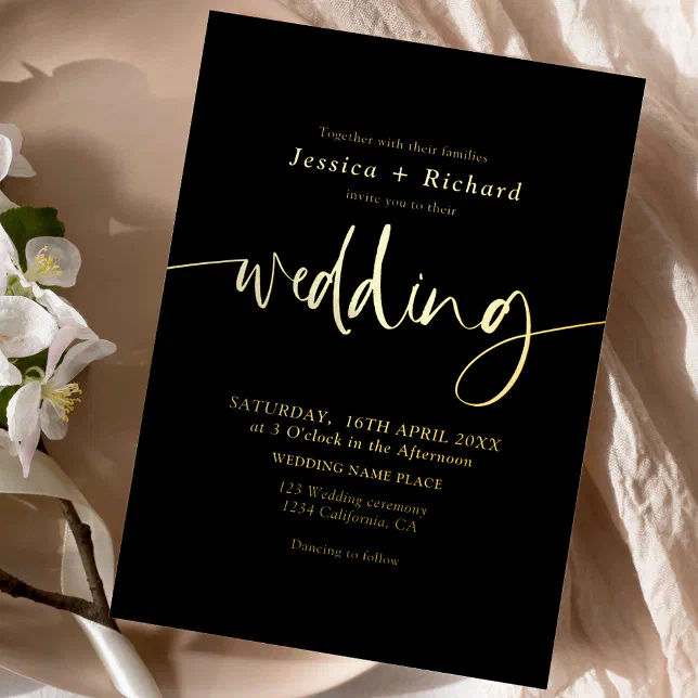 Modern elegant simple gold wedding script foil invitation | Zazzle