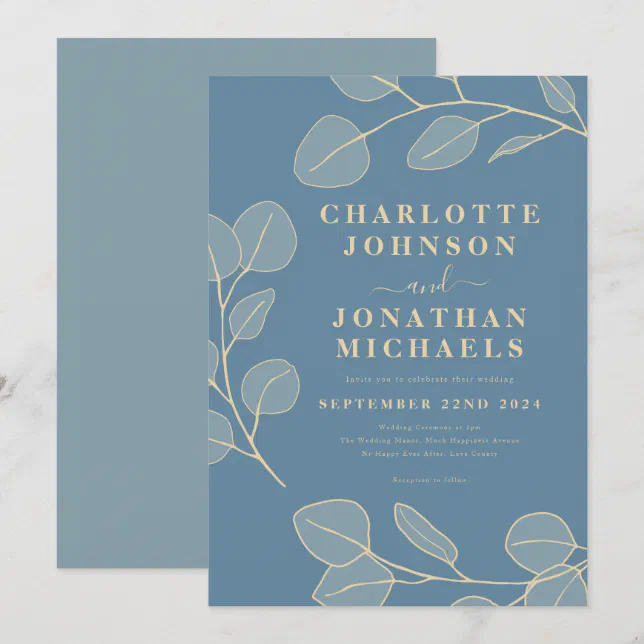 Modern Elegant Simple Leaves Blue Invitation | Zazzle