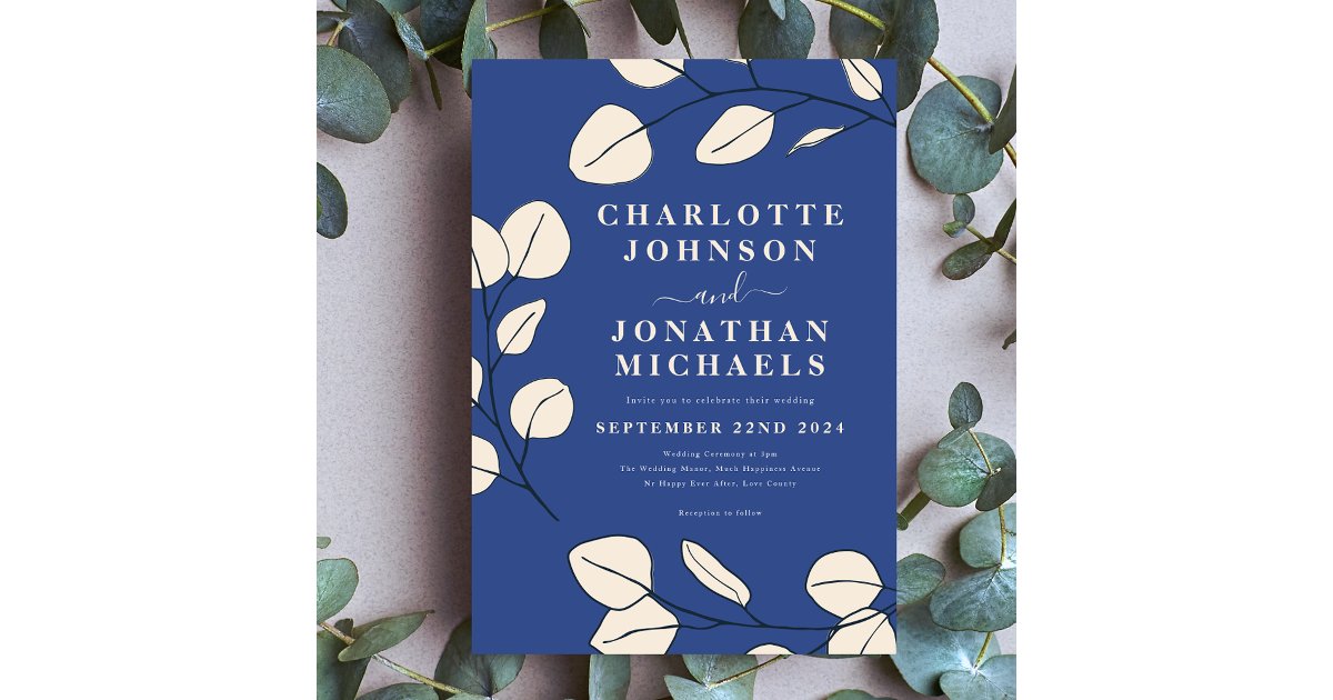Modern Elegant Simple Leaves Blue Invitation | Zazzle