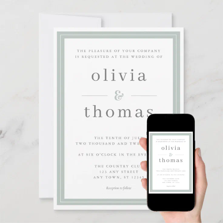 Modern Elegant Simple Sage Green Border Wedding Invitation | Zazzle
