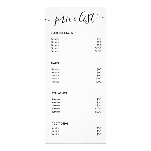 Modern Elegant Simple White Spa Salon Price List Rack Card | Zazzle