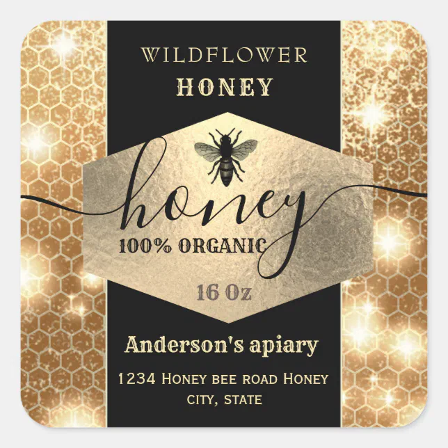 Modern elegant sparkle gold bee script honey square sticker | Zazzle