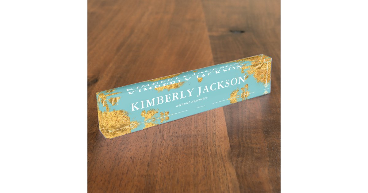Modern Elegant Teal Aqua Gold Desk Name Plate | Zazzle
