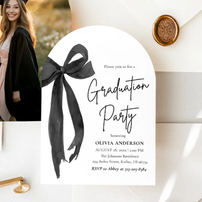 Modern Elegant Trendy Black Bow Graduation Arched Invitation | Zazzle