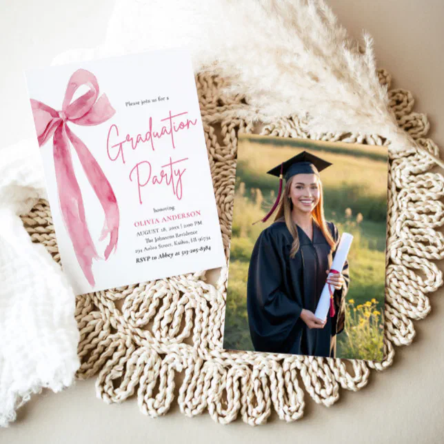 Modern Elegant Trendy Pink Bow Photo Graduation Invitation | Zazzle