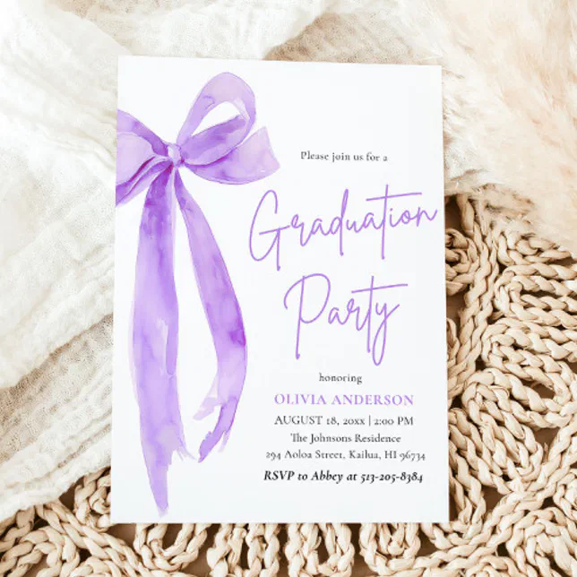 Modern Elegant Trendy Purple Bow Graduation Invitation | Zazzle