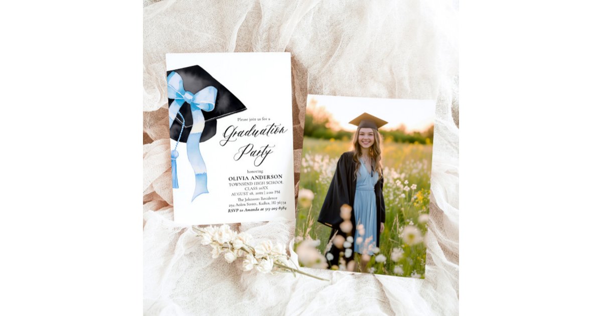 Modern Elegant Trendy Stylish Blue Bow Graduation Invitation | Zazzle
