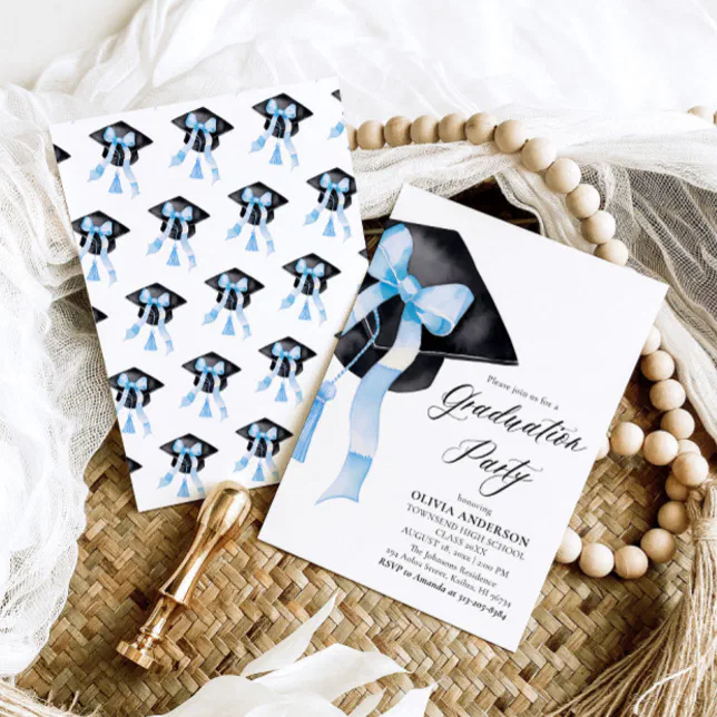 Modern Elegant Trendy Stylish Blue Bow Graduation Invitation | Zazzle