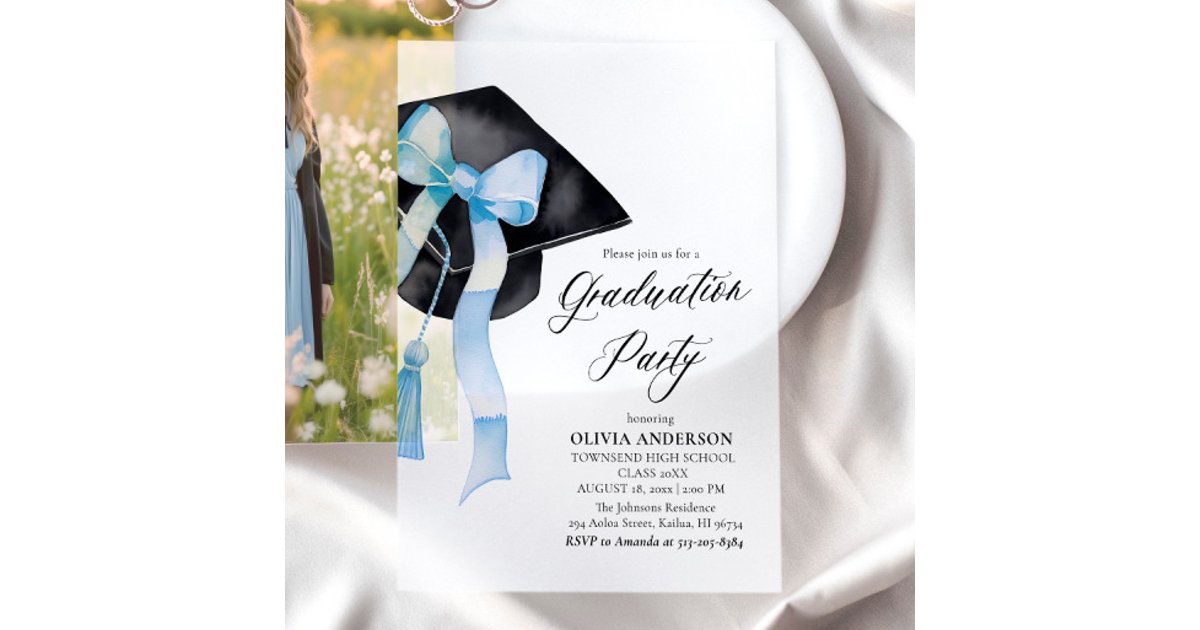 Modern Elegant Trendy Stylish Blue Bow Graduation Vellum Invitations ...