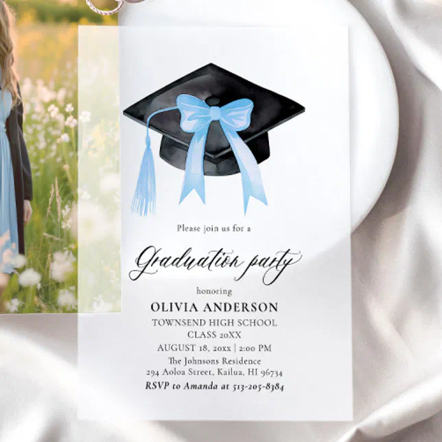 Modern Elegant Trendy Stylish Blue Bow Graduation Vellum Invitations ...