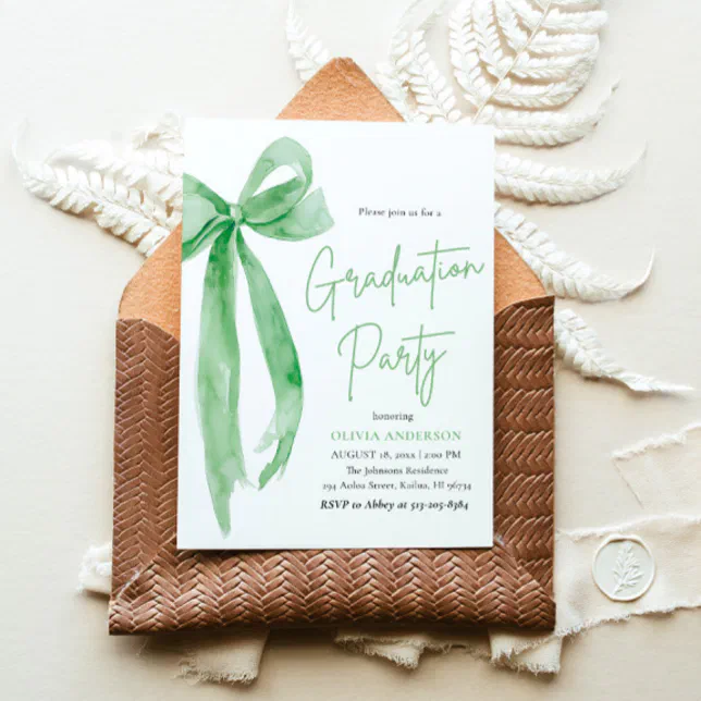 Modern Elegant Trendy Stylish Green Bow Graduation Invitation | Zazzle
