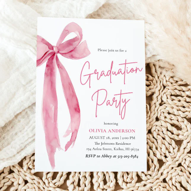 Modern Elegant Trendy Stylish Pink Bow Graduation Invitation | Zazzle