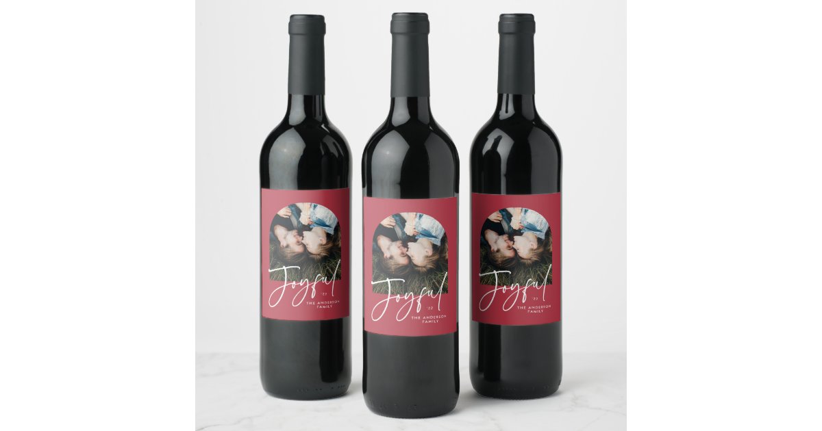 Modern elegant typography red 1 photo Christmas Wine Label | Zazzle
