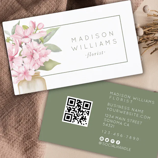 Modern Elegant Watercolor Floral Florist QR Code Business Card | Zazzle
