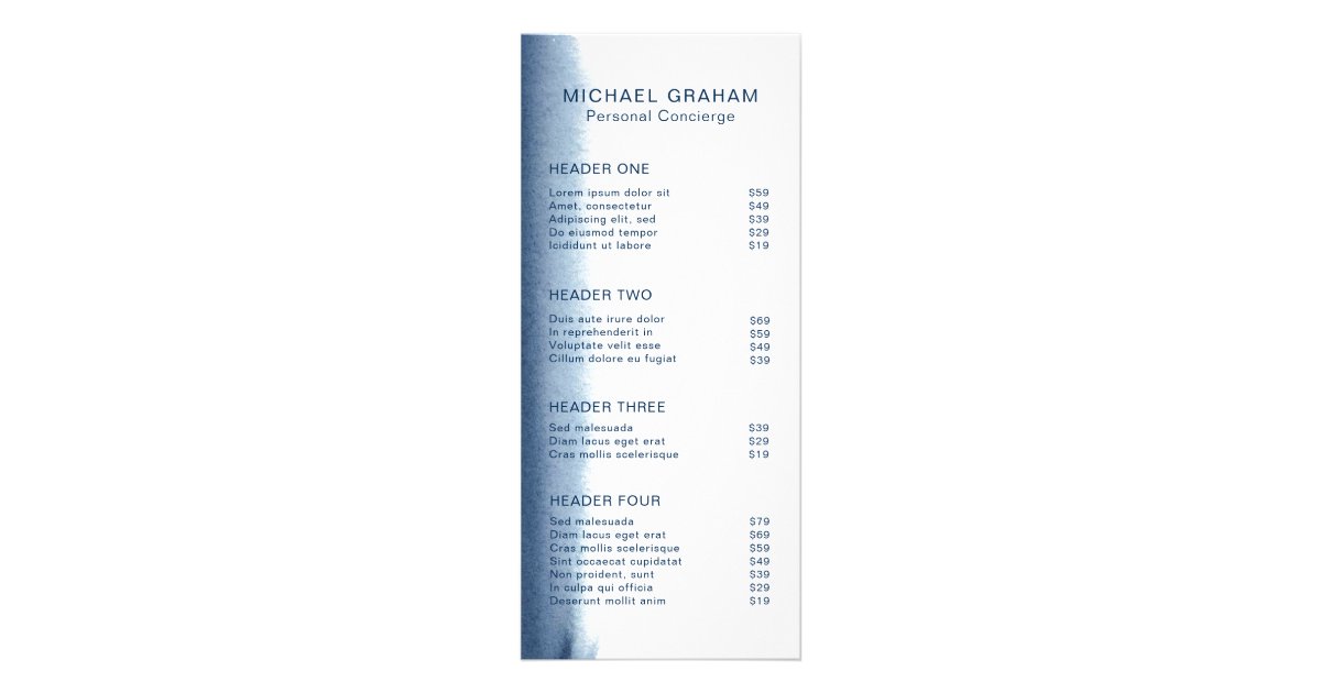 Modern Elegant Watercolor Navy Blue Price List Rack Card | Zazzle