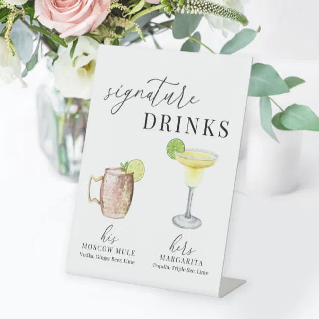 Modern Elegant Watercolor Signature Drinks Pedestal Sign | Zazzle