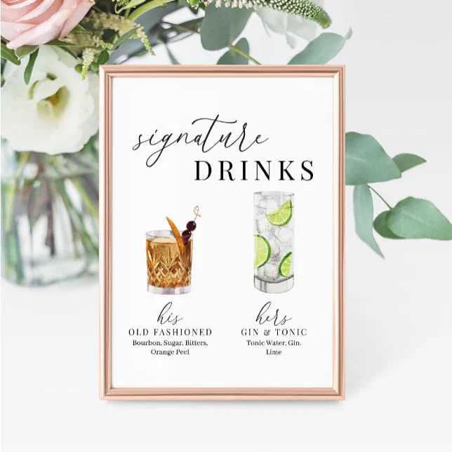 Modern Elegant Watercolor Signature Drinks Sign | Zazzle