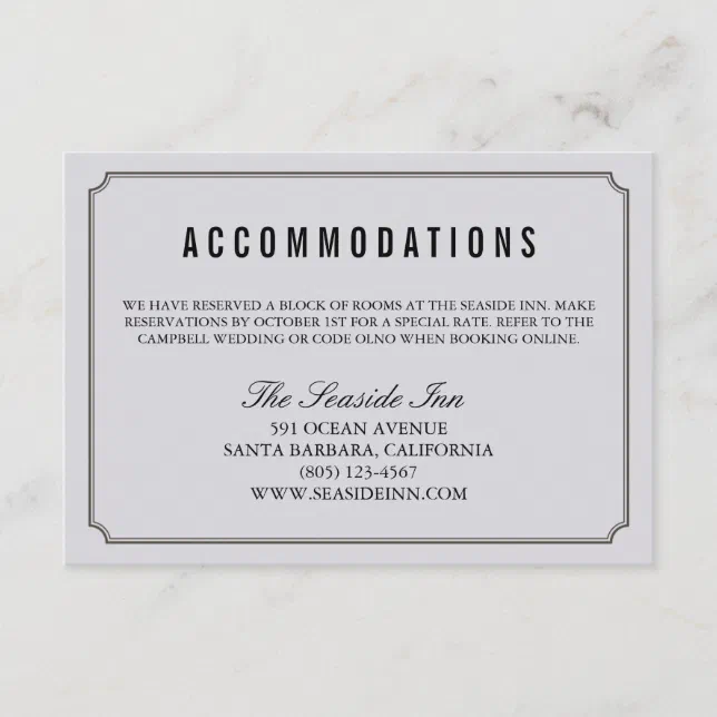 Modern Elegant Wedding Hotel Accomodation Card | Zazzle