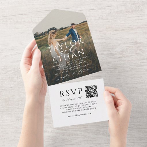 Modern Elegant Wedding Photo QR Code All In One Invitation | Zazzle