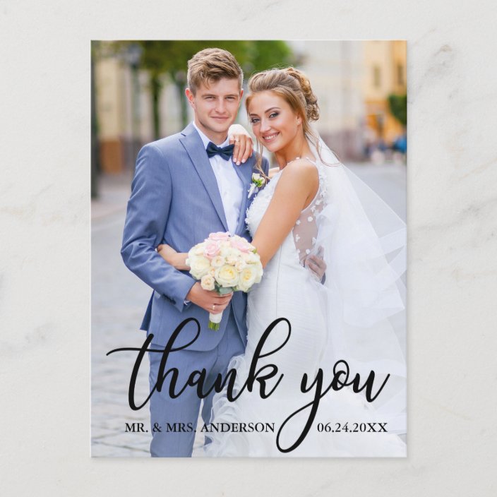 Modern Elegant Wedding Thank You Bride Groom Photo Postcard | Zazzle.com