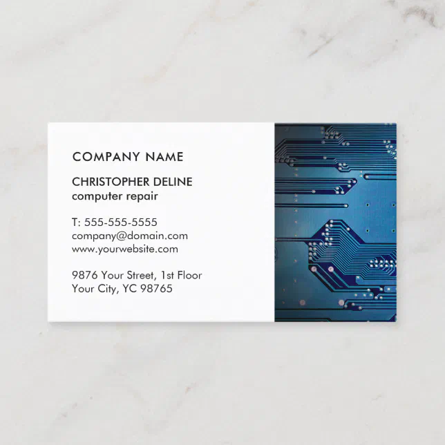 Modern Elegant White Blue Circuit Computer Repair Business Card | Zazzle