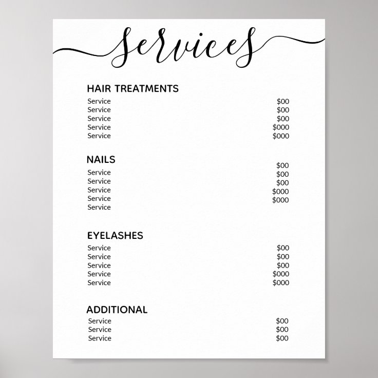 Modern Elegant White Salon Price List Service Menu Poster | Zazzle