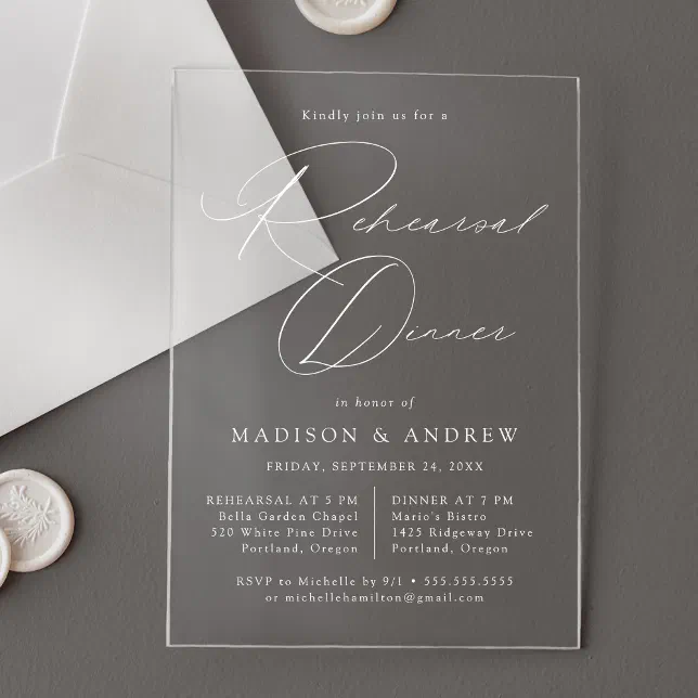 Modern Elegant White Script Rehearsal Dinner Acrylic Invitations | Zazzle