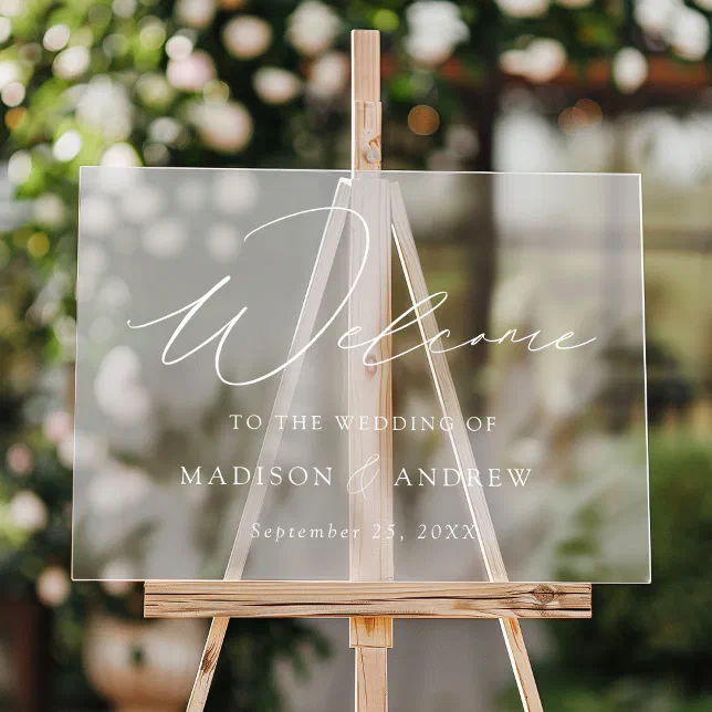 Modern Elegant White Script Wedding Welcome Acrylic Sign | Zazzle