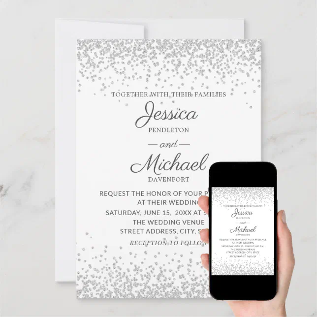 Modern Elegant White Silver Glitter Wedding Invitation | Zazzle