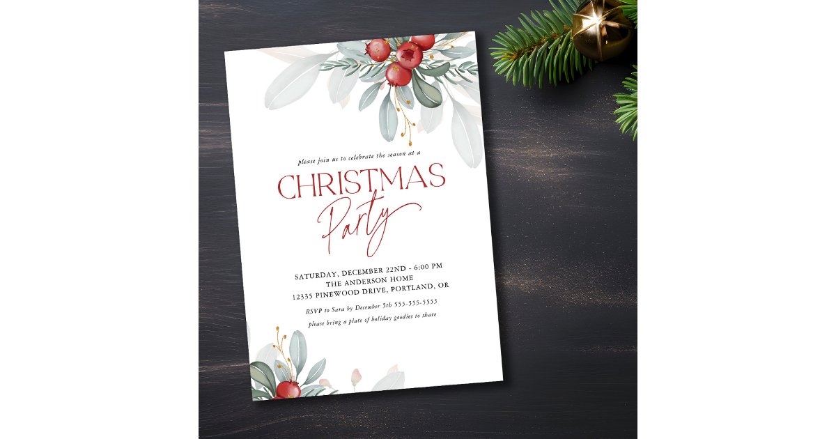 Modern Elegant Winter Greenery Christmas Party Invitation | Zazzle