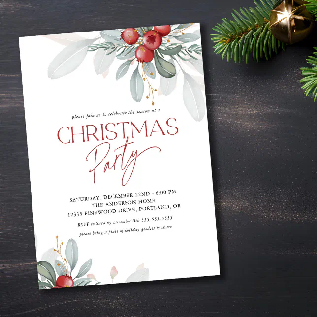 Modern Elegant Winter Greenery Christmas Party Invitation | Zazzle