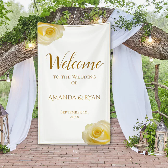 Modern Elegant Yellow Roses Floral Wedding Welcome Banner | Zazzle