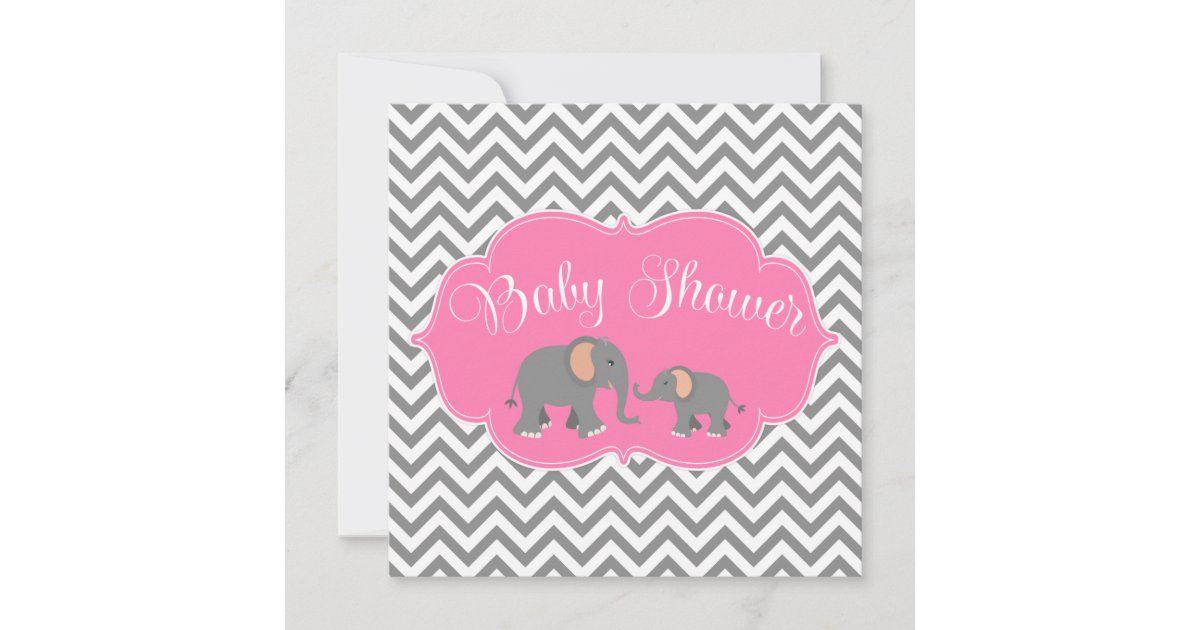 Modern Elephant Chevron Pink Gray Baby Shower Invitation | Zazzle