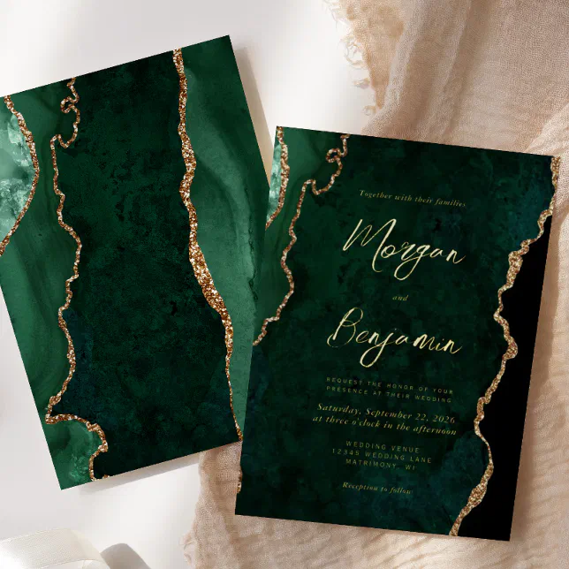 Modern Emerald Green Agate Script Wedding Foil Invitation | Zazzle