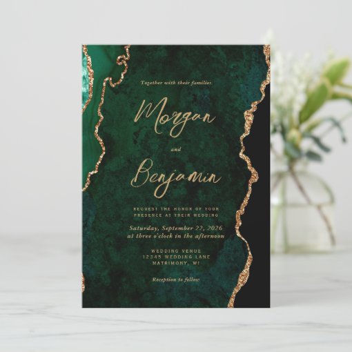 Modern Emerald Green Agate Script Wedding Invitation | Zazzle