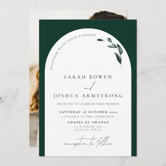 Modern Emerald Green Arch Botanical Photo Wedding Invitation | Zazzle