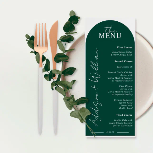 Modern Emerald Green Arch Wedding Menu | Zazzle