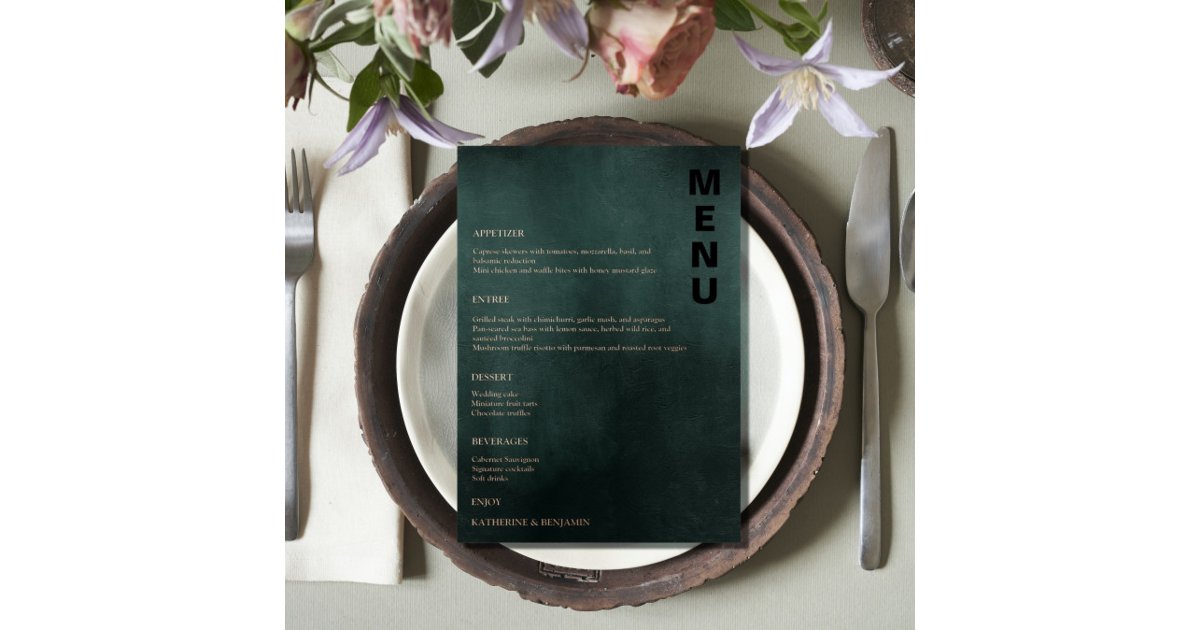 Modern Emerald Green Black Elegant Wedding Menus Foil Invitation | Zazzle