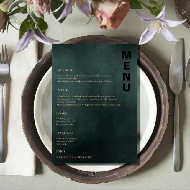 Modern Emerald Green Black Elegant Wedding Menus Foil Invitation | Zazzle