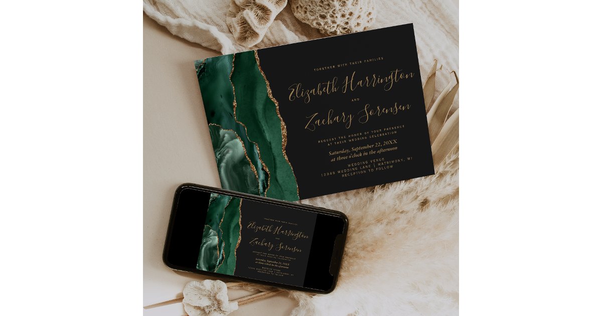 Modern Emerald Green Gold Agate Dark Wedding Invitation | Zazzle
