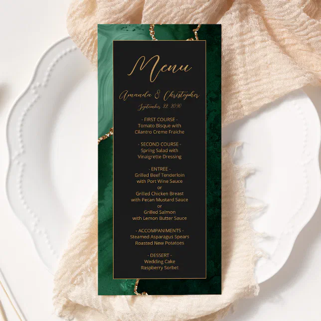 Modern Emerald Green Gold Agate Dark Wedding Menu | Zazzle