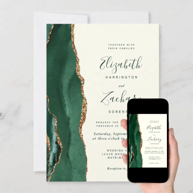 Modern Emerald Green Gold Agate Ivory Wedding Invitation | Zazzle