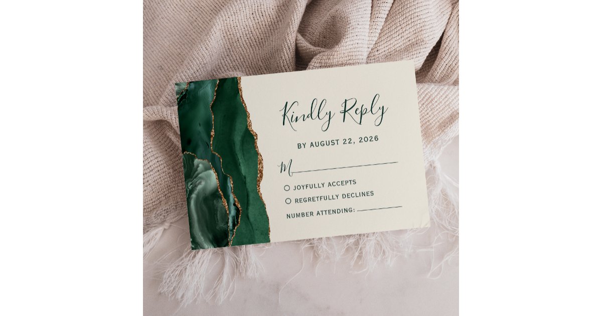 Modern Emerald Green Gold Agate Ivory Wedding RSVP Card | Zazzle